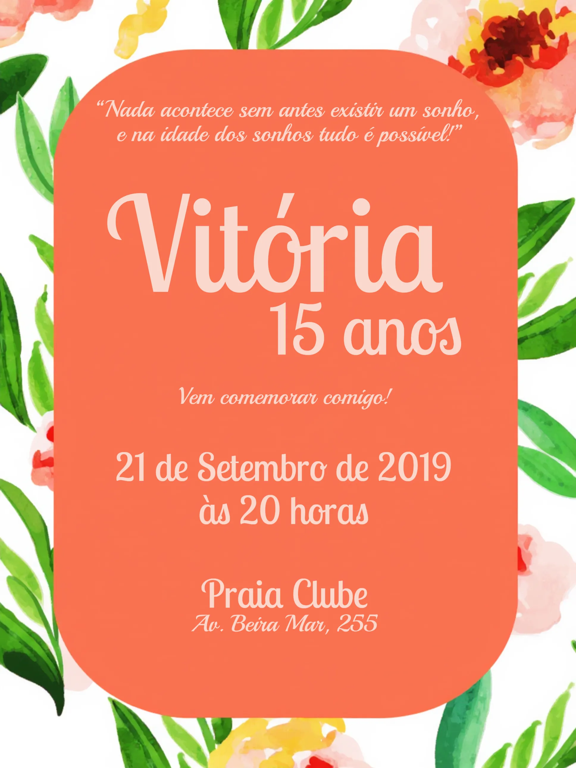 Convite 15 Anos Floral - Laranja Festa | Editar e Personalizar Fácil