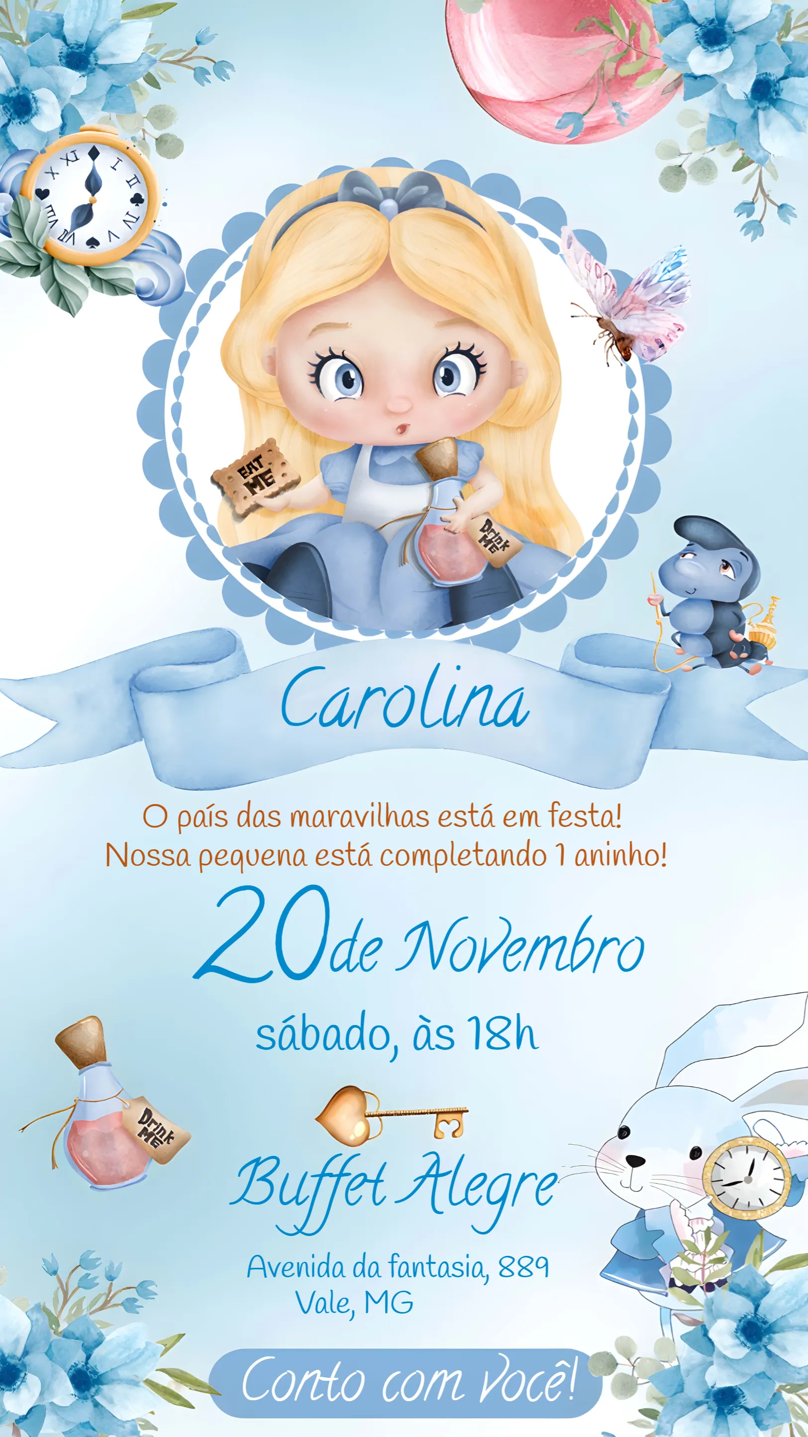 Invitación Digital Alice En El País De Las Maravillas Acuarela Cute - Más Buscados | Convitede