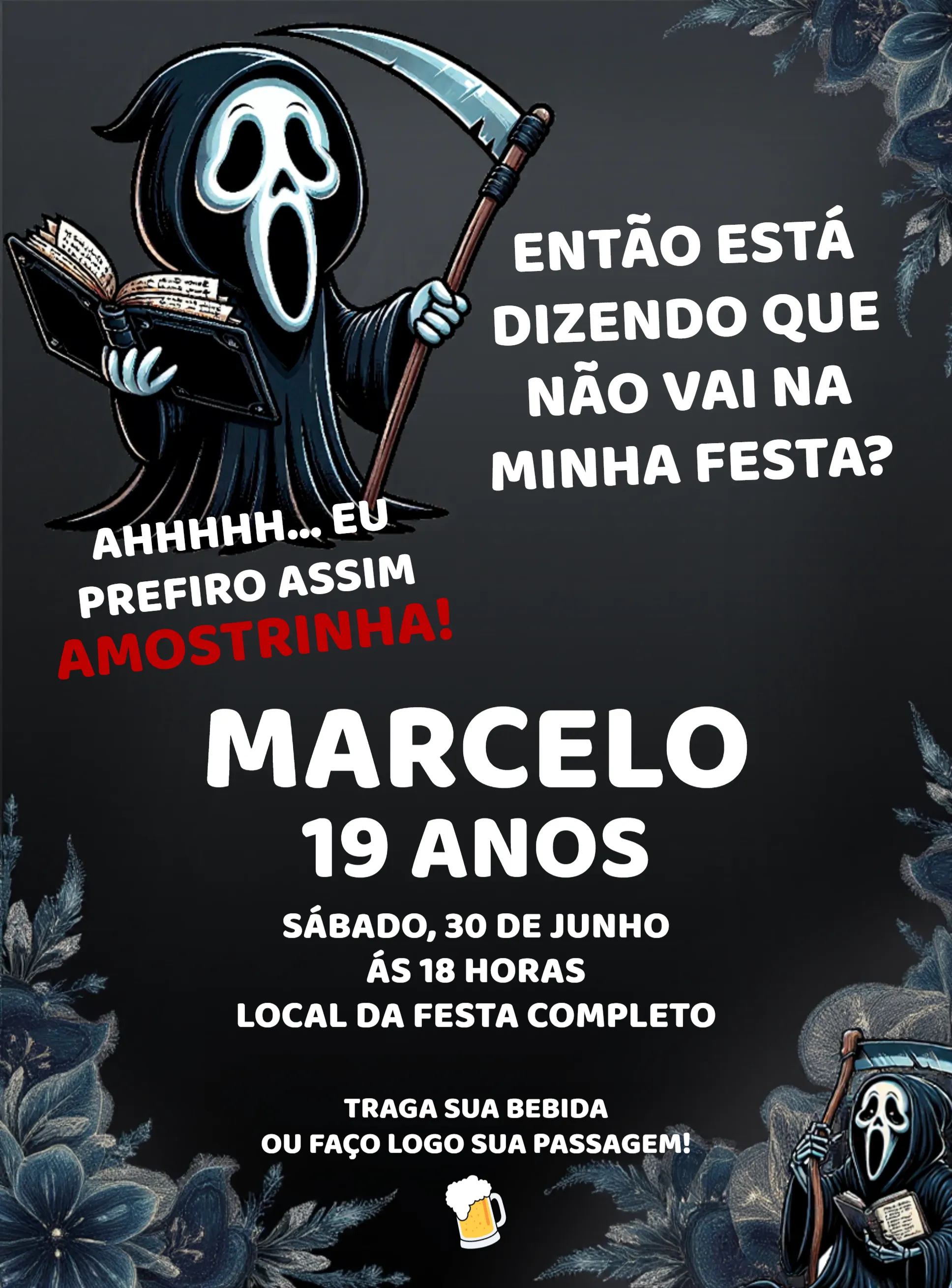 Amostradinho Dona Morte Meme Bebida - Aniversário Divertido | Convitede