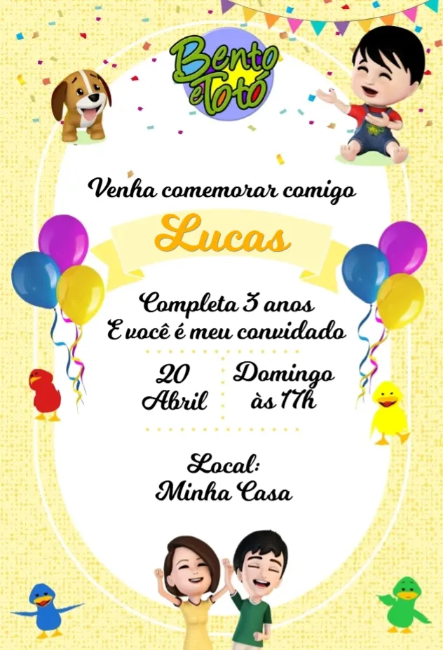 Convite Digital Bento e Toto Amarelo - Aniversário Infantil | Convitede