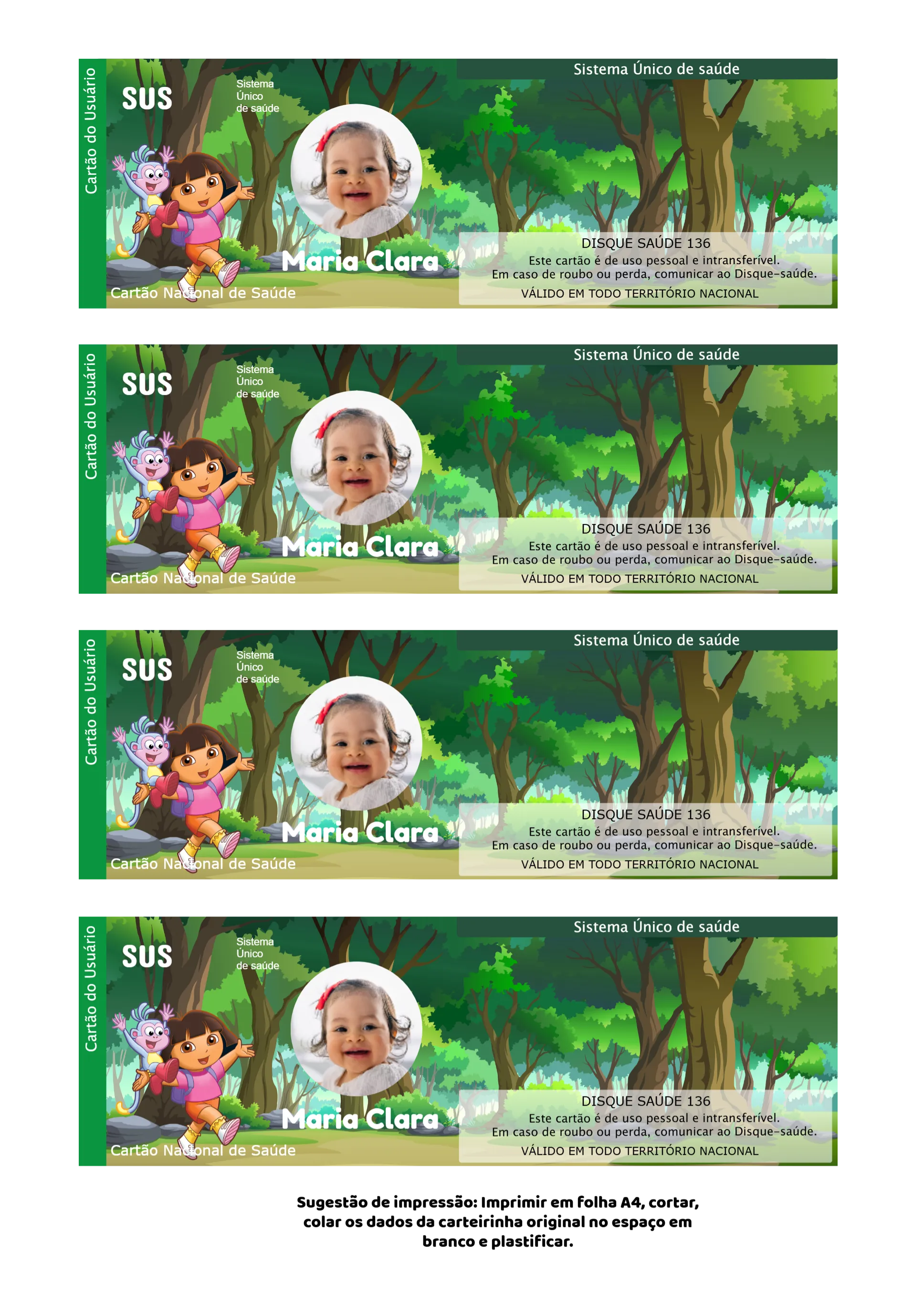 Cartão Do Sus Dora Aventureira Com Foto Branco - Top Searches | Convitede