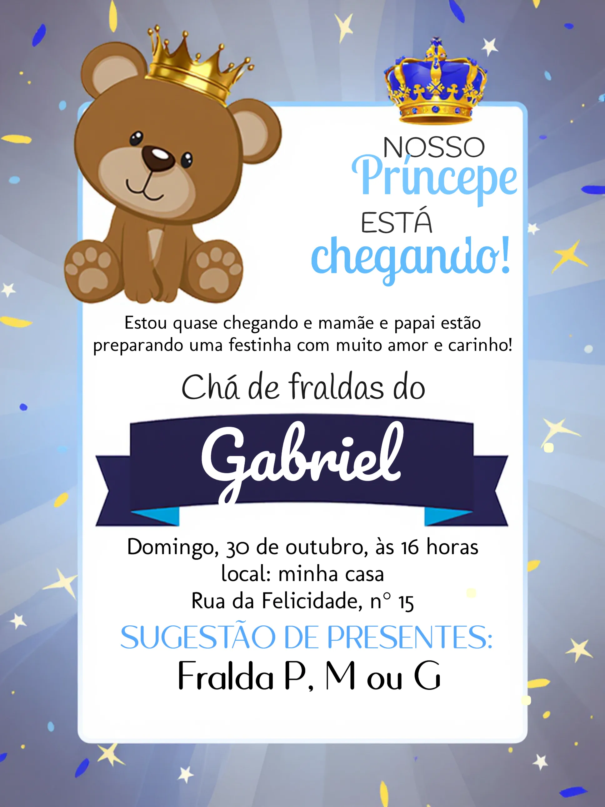 Baby Shower Little Prince Teddy Bear | Charming Digital Invitation ...