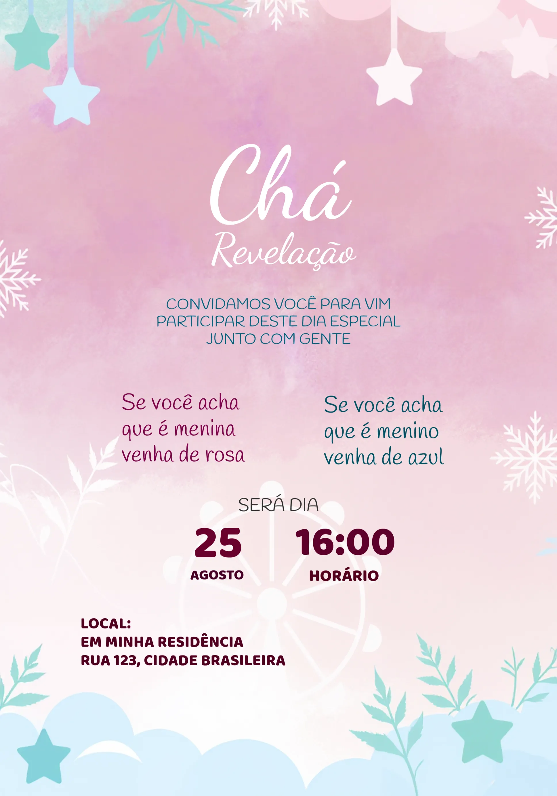 Pink and Green Stars Gender Reveal Tea Party - Digital Invitation ...