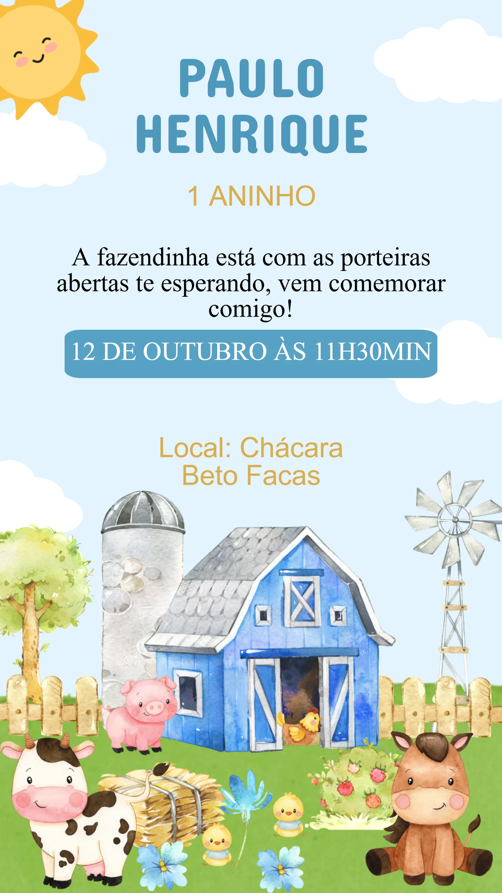 Convite Convite Aniversário Fazendinha – Editar Online