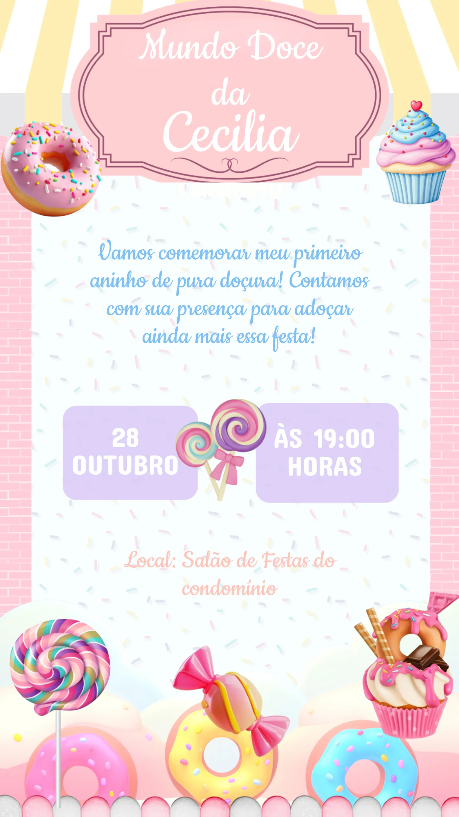 Convite Convite Aniversário Mundo Doce – Editar Online