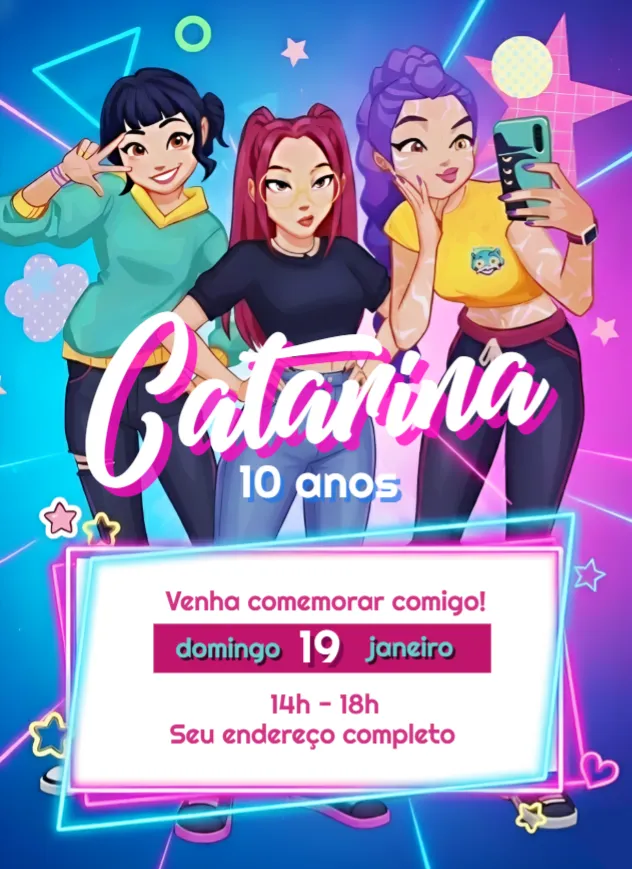 Convite Convite Guerreiras do Kpop Colorido – Editar Online | Convitede