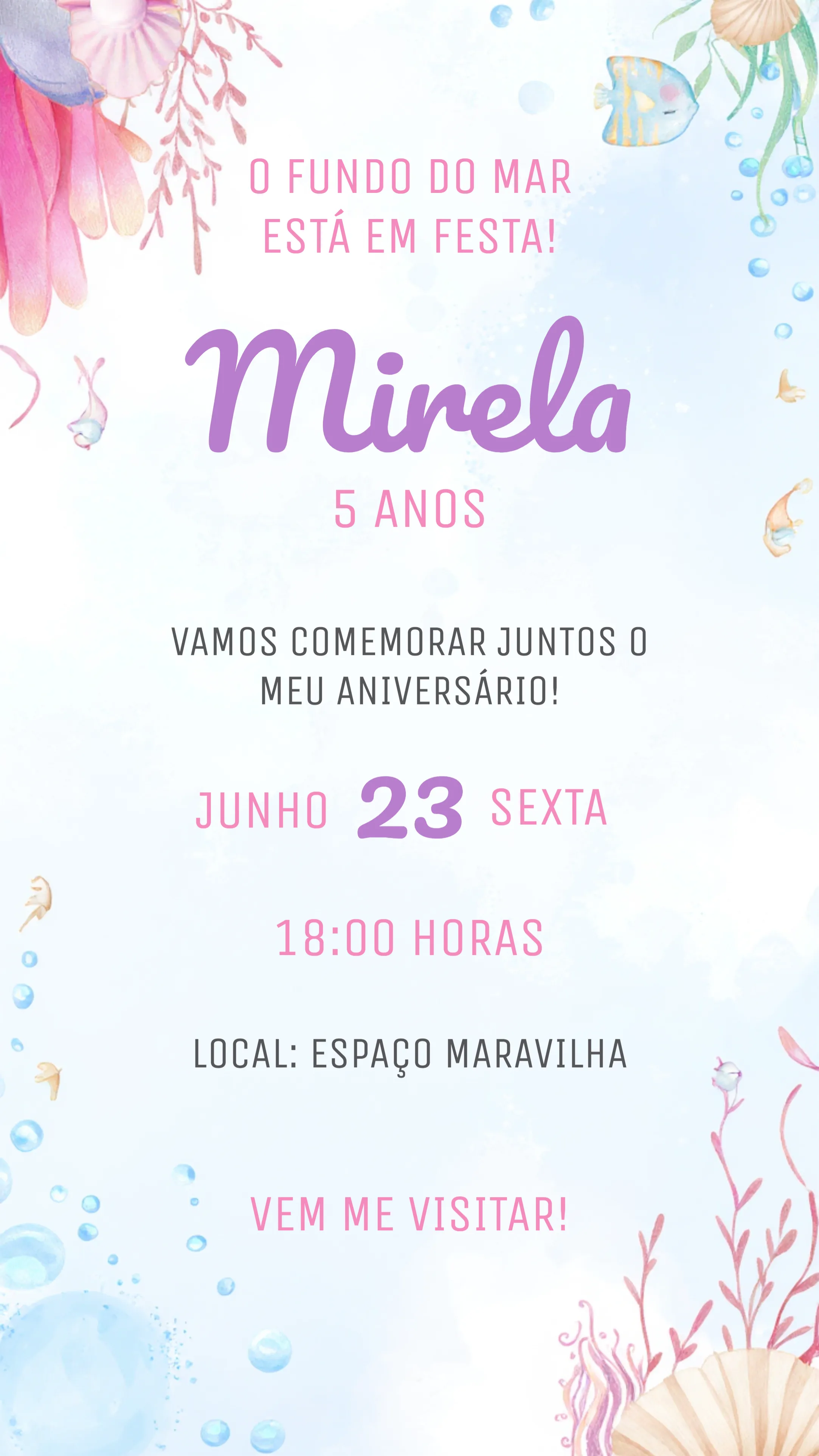 Convite Digital Fundo Do Mar Menina Infantil - Aniversário
