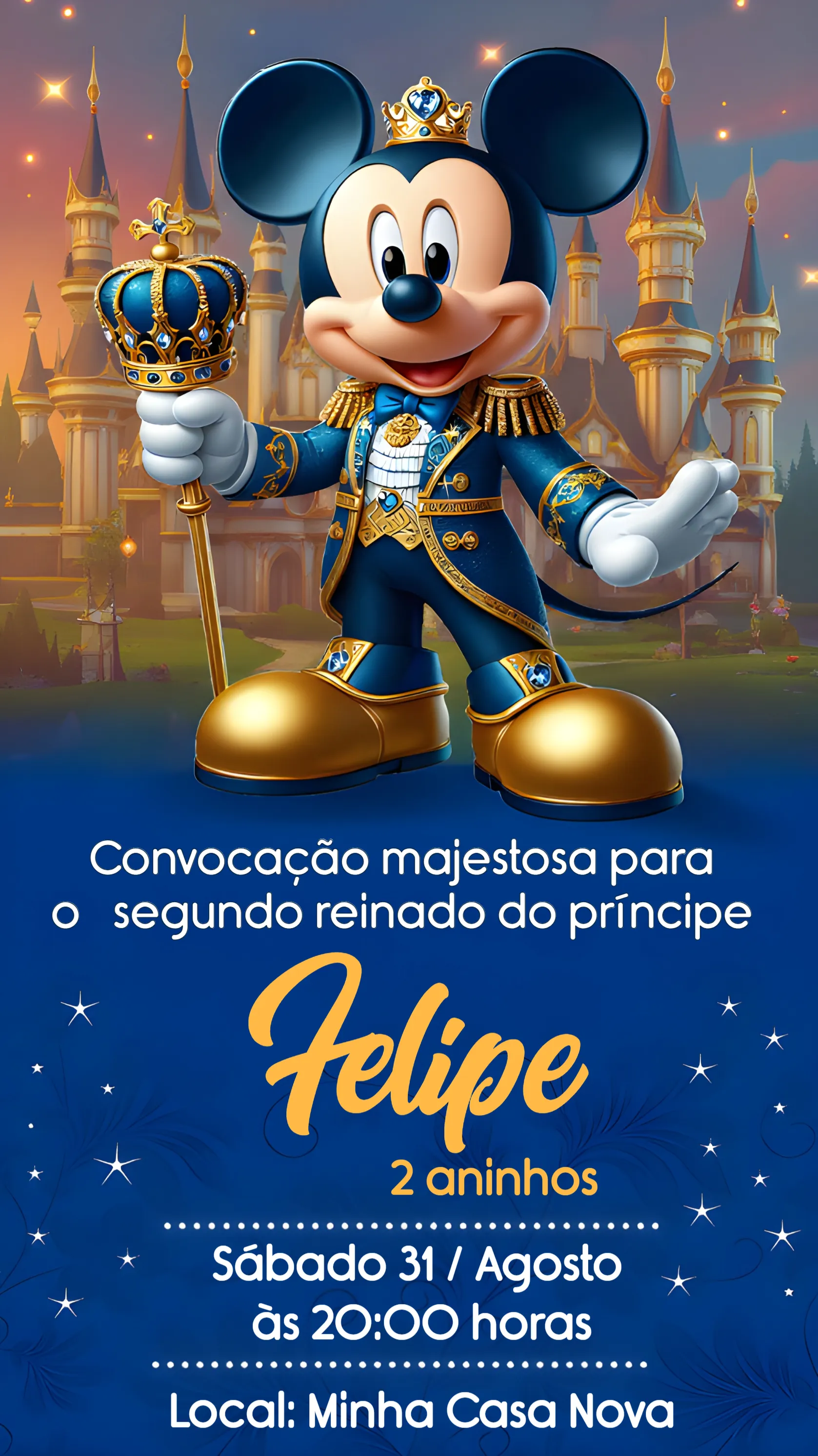 Convite Mickey Mouse Realeza Azul | Editar e Personalizar Fácil