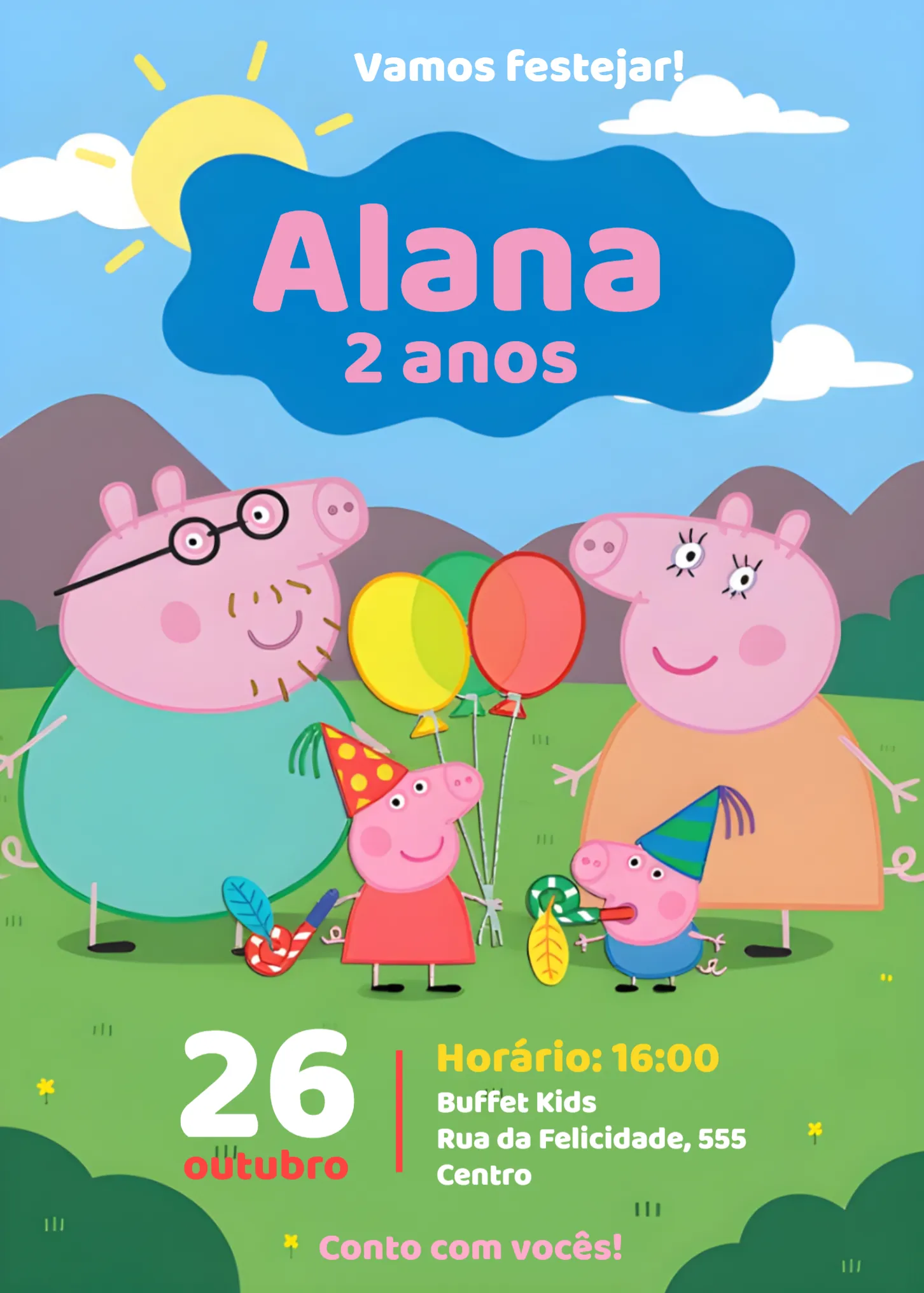 Convite Peppa Pig Rosa | Editar e Personalizar Fácil
