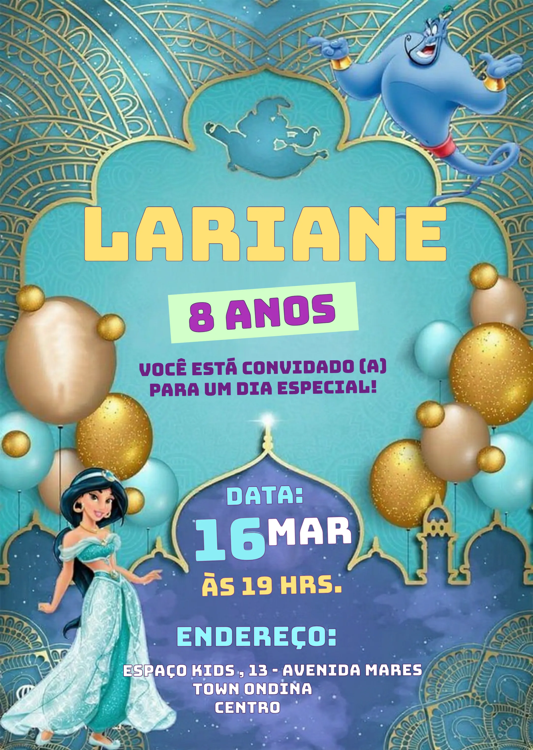 Digital Invitation Princess Jasmine Disney Aladdin Bday - Kids Birthday ...