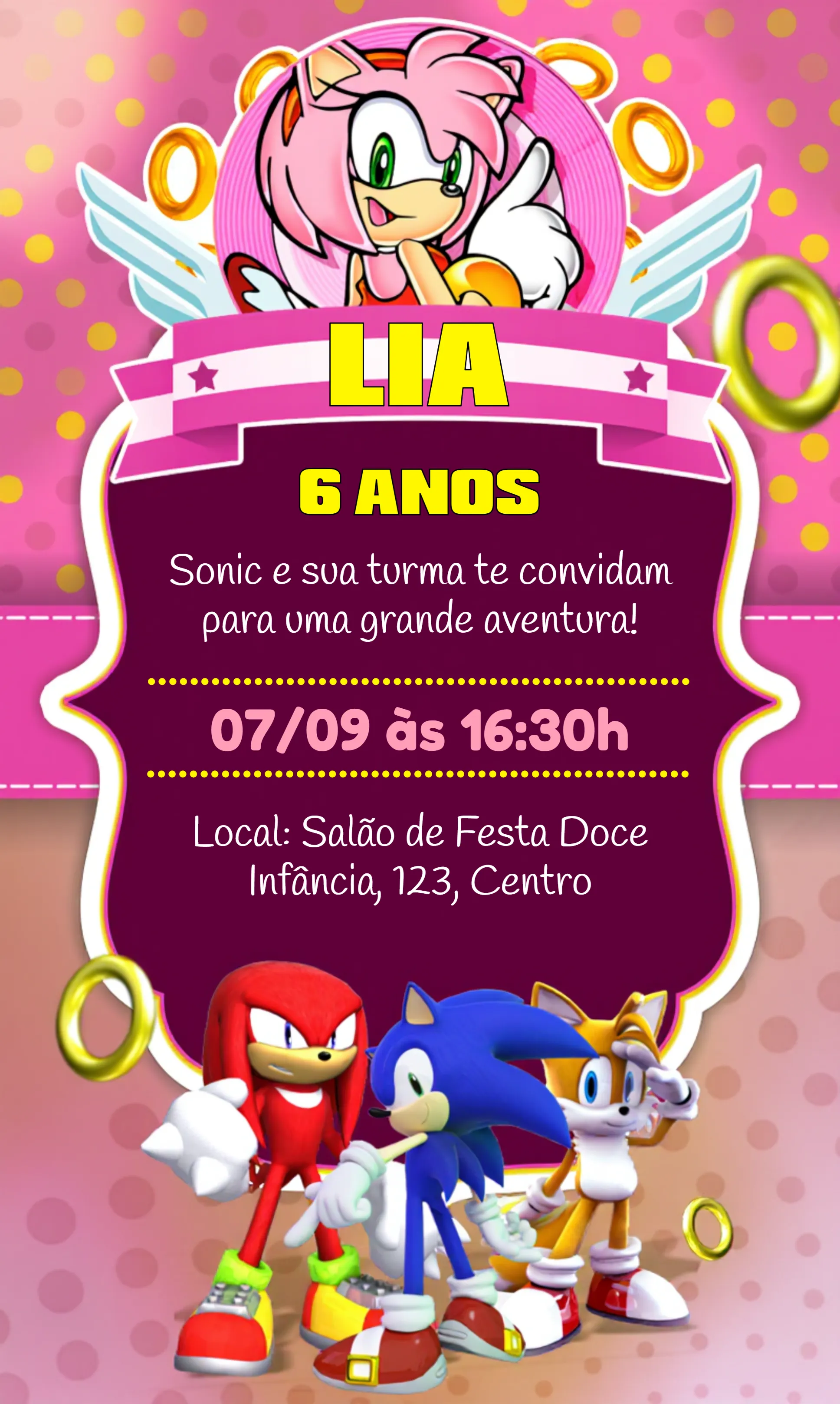 Convite Digital Sonic Amy Rose Rosa - Mais Pesquisados | Convitede