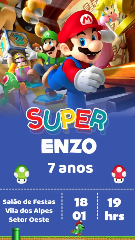 Convite Digital Super Mario para Aniversário Infantil | Convitede